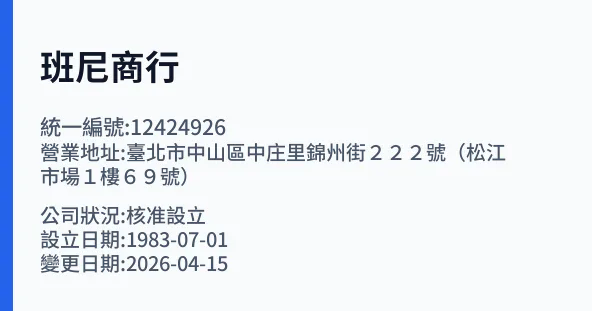 班尼商行的照片-統編 12424926(臺北市) 公司登記資料與營業項目詳細圖表