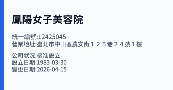 鳳陽女子美容院的照片-統編 12425045(臺北市) 公司登記資料與營業項目詳細圖表