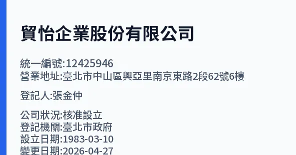 貿怡企業股份有限公司的照片-統編 12425946(臺北市) 公司登記資料與營業項目詳細圖表