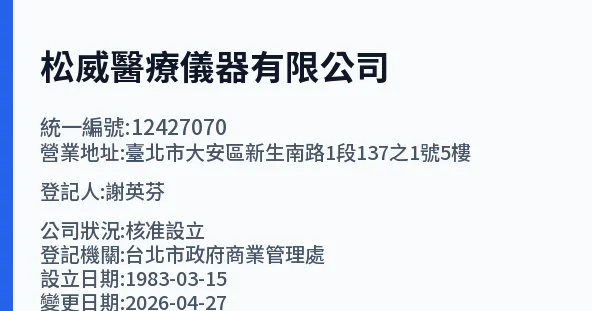松威醫療儀器有限公司的照片-統編 12427070(臺北市) 公司登記資料與營業項目詳細圖表