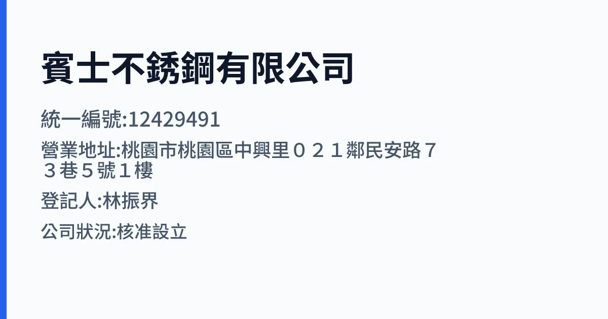 賓士不銹鋼有限公司 - 統編 12429491(桃園市) 公司登記資料與營業項目詳細圖表