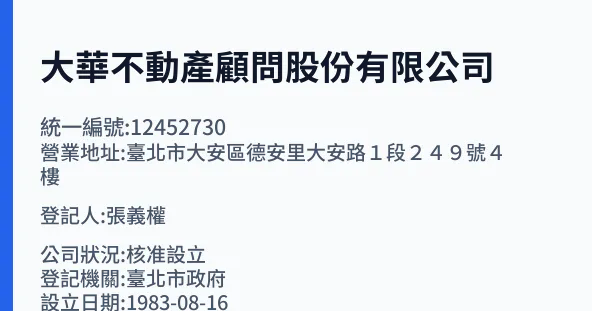 大華不動產顧問股份有限公司的照片-統編 12452730(臺北市) 公司登記資料與營業項目詳細圖表