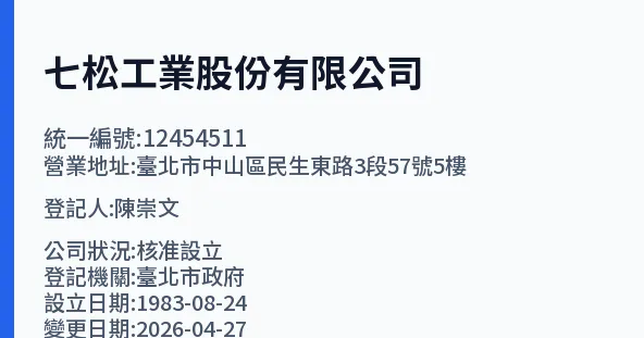 七松工業股份有限公司的照片-統編 12454511(臺北市) 公司登記資料與營業項目詳細圖表