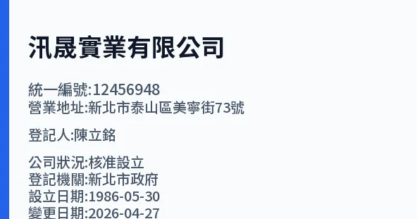 汛晟實業有限公司的照片-統編 12456948(新北市) 公司登記資料與營業項目詳細圖表