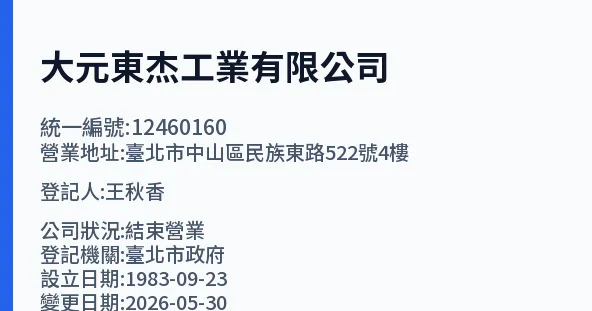 大元東杰工業有限公司的照片-統編 12460160(臺北市) 公司登記資料與營業項目詳細圖表
