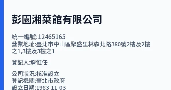 彭園湘菜館有限公司的照片-統編 12465165(臺北市) 公司登記資料與營業項目詳細圖表