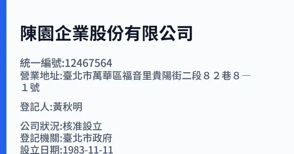 陳園企業股份有限公司的照片-統編 12467564(臺北市) 公司登記資料與營業項目詳細圖表