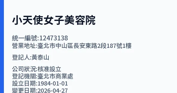 小天使女子美容院的照片-統編 12473138(臺北市) 公司登記資料與營業項目詳細圖表