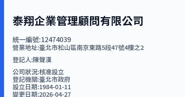 泰翔企業管理顧問有限公司的照片-統編 12474039(臺北市) 公司登記資料與營業項目詳細圖表