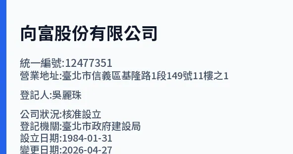 向富股份有限公司的照片-統編 12477351(臺北市) 公司登記資料與營業項目詳細圖表