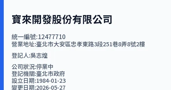 寶來開發股份有限公司的照片-統編 12477710(臺北市) 公司登記資料與營業項目詳細圖表