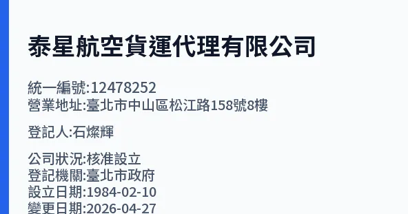 泰星航空貨運代理有限公司的照片-統編 12478252(臺北市) 公司登記資料與營業項目詳細圖表