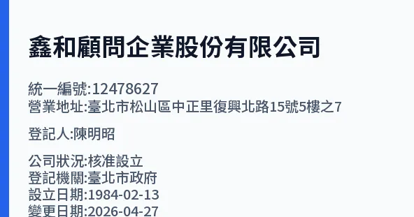 鑫和顧問企業股份有限公司的照片-統編 12478627(臺北市) 公司登記資料與營業項目詳細圖表