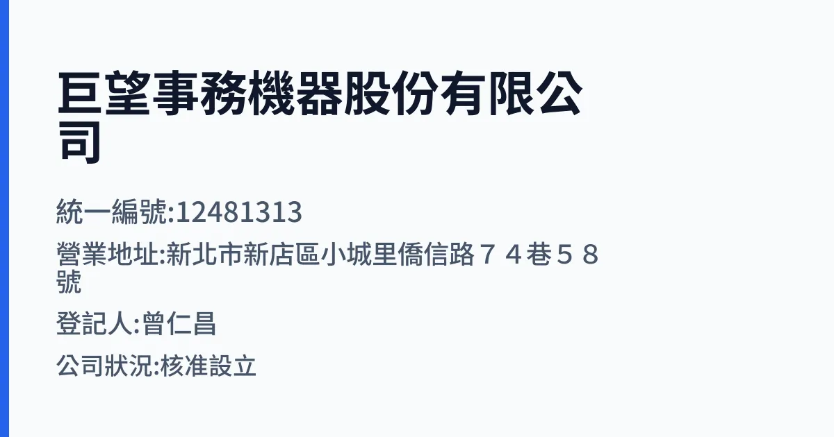 巨望事務機器股份有限公司 - 統編 12481313(新北市) 公司登記資料與營業項目詳細圖表