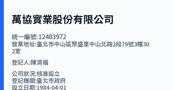 萬協實業股份有限公司的照片-統編 12483972(臺北市) 公司登記資料與營業項目詳細圖表