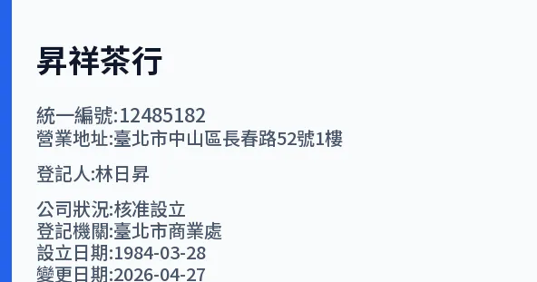 昇祥茶行的照片-統編 12485182(臺北市) 公司登記資料與營業項目詳細圖表