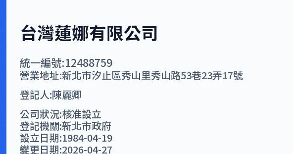 台灣蓮娜有限公司的照片-統編 12488759(新北市) 公司登記資料與營業項目詳細圖表