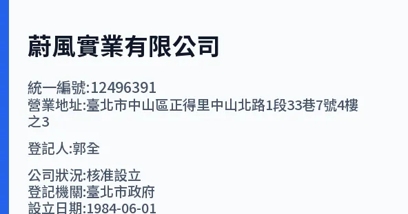 蔚風實業有限公司的照片-統編 12496391(臺北市) 公司登記資料與營業項目詳細圖表