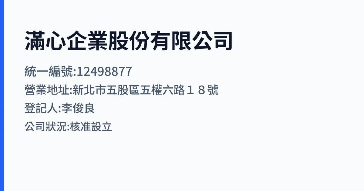 滿心企業股份有限公司 - 統編 12498877(新北市) 公司登記資料與營業項目詳細圖表