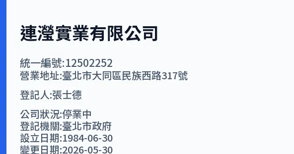 連瀅實業有限公司的照片-統編 12502252(臺北市) 公司登記資料與營業項目詳細圖表