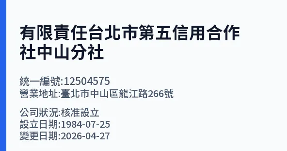 有限責任台北市第五信用合作社中山分社的照片-統編 12504575(臺北市) 公司登記資料與營業項目詳細圖表