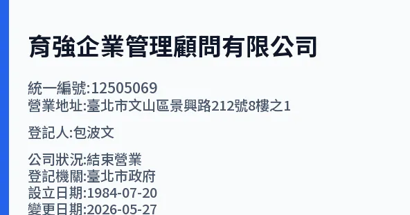 育強企業管理顧問有限公司的照片-統編 12505069(臺北市) 公司登記資料與營業項目詳細圖表