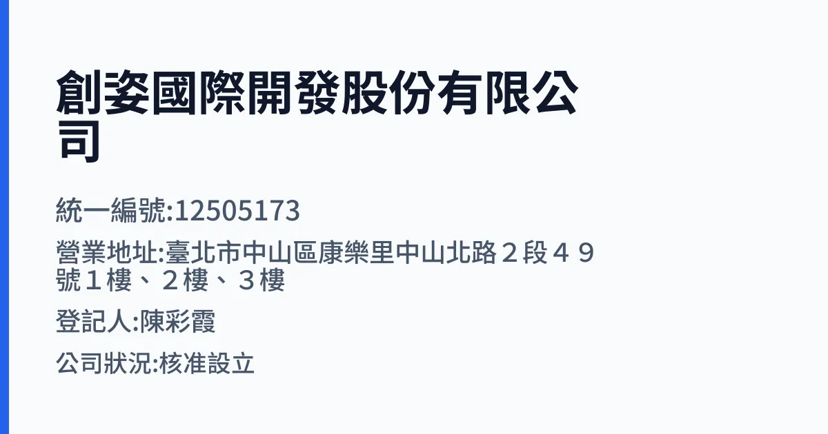 創姿國際開發股份有限公司 - 統編 12505173(臺北市) 公司登記資料與營業項目詳細圖表