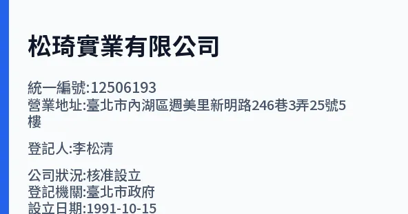 松琦實業有限公司的照片-統編 12506193(臺北市) 公司登記資料與營業項目詳細圖表