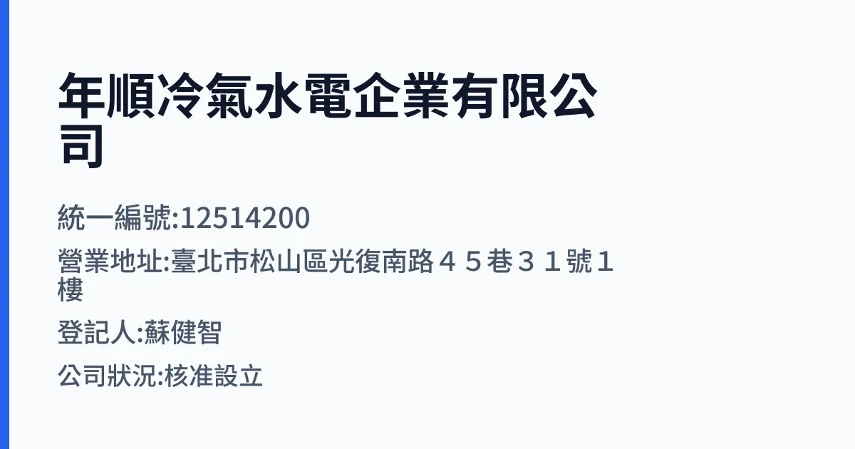 年順冷氣水電企業有限公司 - 統編 12514200(臺北市) 公司登記資料與營業項目詳細圖表