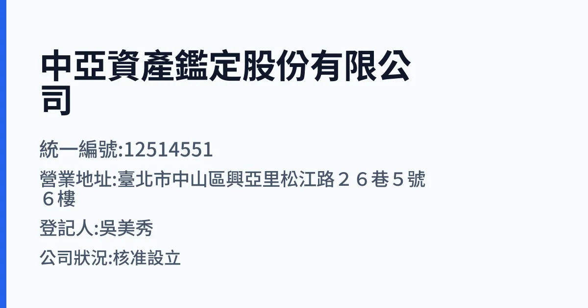 中亞資產鑑定股份有限公司 - 統編 12514551(臺北市) 公司登記資料與營業項目詳細圖表