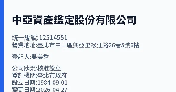 中亞資產鑑定股份有限公司的照片-統編 12514551(臺北市) 公司登記資料與營業項目詳細圖表