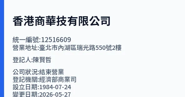 香港商華技有限公司的照片-統編 12516609(臺北市) 公司登記資料與營業項目詳細圖表