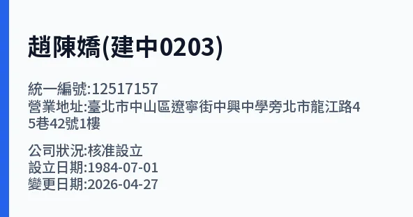 趙陳嬌(建中0203)的照片-統編 12517157(臺北市) 公司登記資料與營業項目詳細圖表