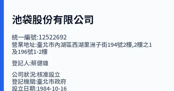 池袋股份有限公司的照片-統編 12522692(臺北市) 公司登記資料與營業項目詳細圖表