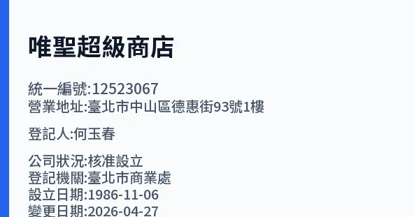 唯聖超級商店的照片-統編 12523067(臺北市) 公司登記資料與營業項目詳細圖表