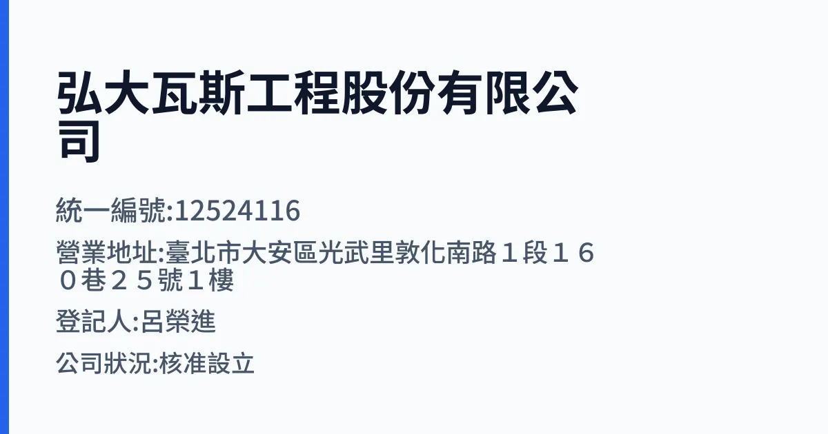 弘大瓦斯工程股份有限公司 - 統編 12524116(臺北市) 公司登記資料與營業項目詳細圖表