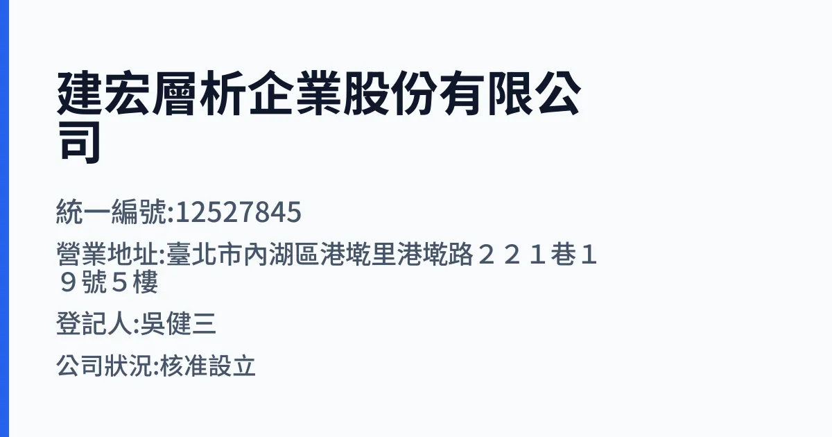 建宏層析企業股份有限公司 - 統編 12527845(臺北市) 公司登記資料與營業項目詳細圖表
