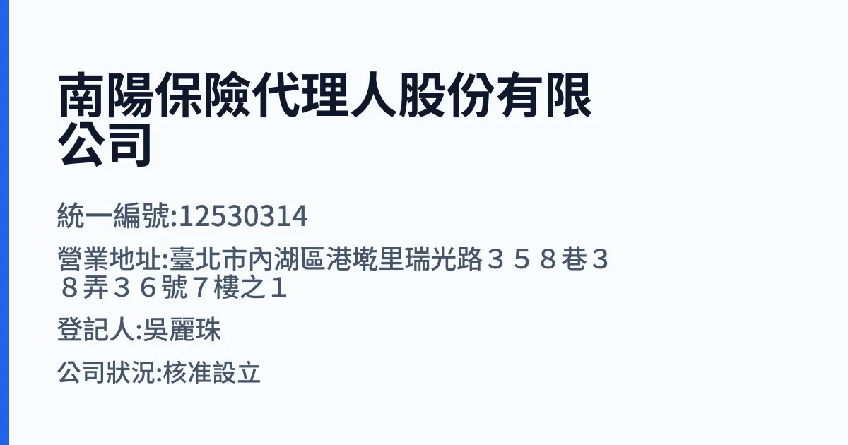 南陽保險代理人股份有限公司 - 統編 12530314(新北市) 公司登記資料與營業項目詳細圖表