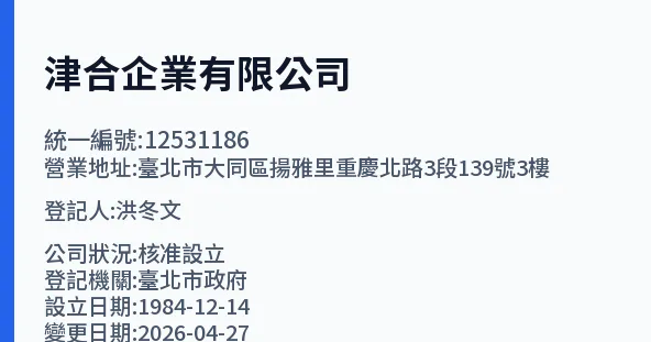 津合企業有限公司的照片-統編 12531186(臺北市) 公司登記資料與營業項目詳細圖表