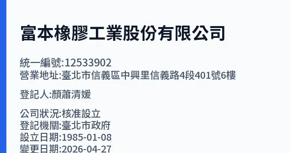 富本橡膠工業股份有限公司的照片-統編 12533902(臺北市) 公司登記資料與營業項目詳細圖表