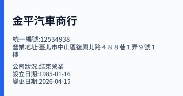 金平汽車商行的照片-統編 12534938(臺北市) 公司登記資料與營業項目詳細圖表