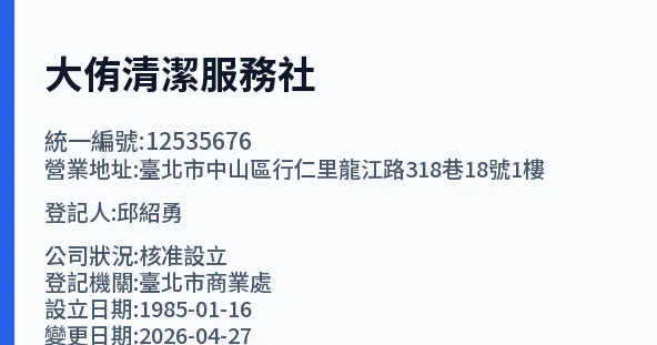 大侑清潔服務社的照片-統編 12535676(臺北市) 公司登記資料與營業項目詳細圖表