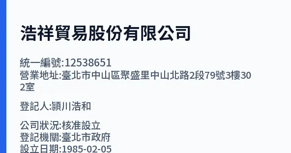 浩祥貿易股份有限公司的照片-統編 12538651(臺北市) 公司登記資料與營業項目詳細圖表