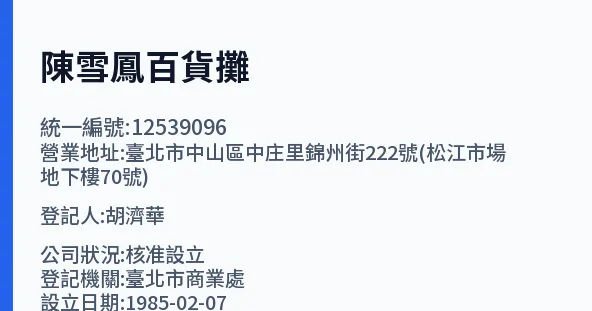 陳雪鳳百貨攤的照片-統編 12539096(臺北市) 公司登記資料與營業項目詳細圖表