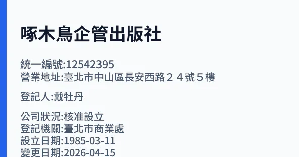 啄木鳥企管出版社的照片-統編 12542395(臺北市) 公司登記資料與營業項目詳細圖表