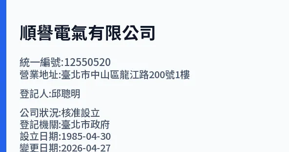 順譽電氣有限公司的照片-統編 12550520(臺北市) 公司登記資料與營業項目詳細圖表