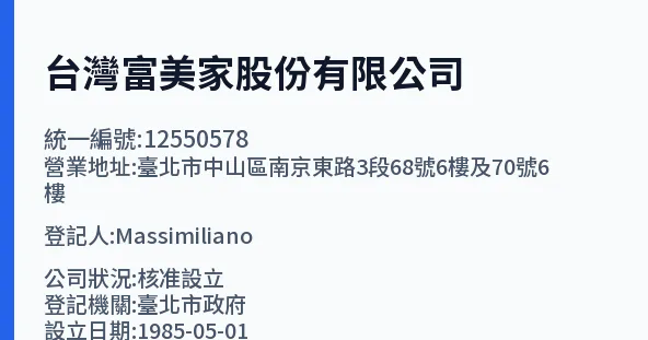 台灣富美家股份有限公司的照片-統編 12550578(臺北市) 公司登記資料與營業項目詳細圖表