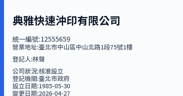 典雅快速沖印有限公司的照片-統編 12555659(臺北市) 公司登記資料與營業項目詳細圖表