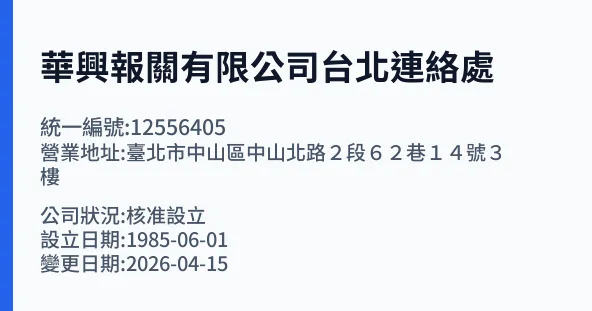 華興報關有限公司台北連絡處 - 統編 12556405(臺北市) 公司登記資料與營業項目詳細圖表