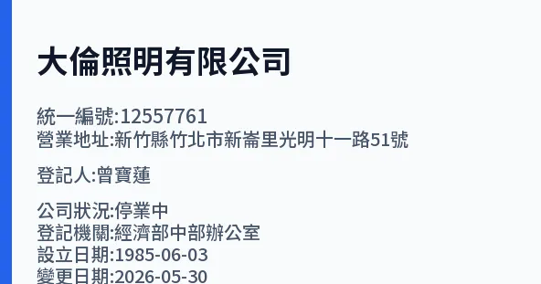 大倫照明有限公司的照片-統編 12557761(新竹縣) 公司登記資料與營業項目詳細圖表